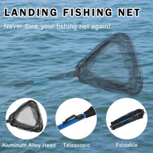 Fishing Landing Net with Telescoping Pole Long Handle Foldable Collapsible Rubber Floating Fishing Net Telescopic Extendable Fishing Net for Kayak Saltwater Freshwater Fishing (Blue, Single)