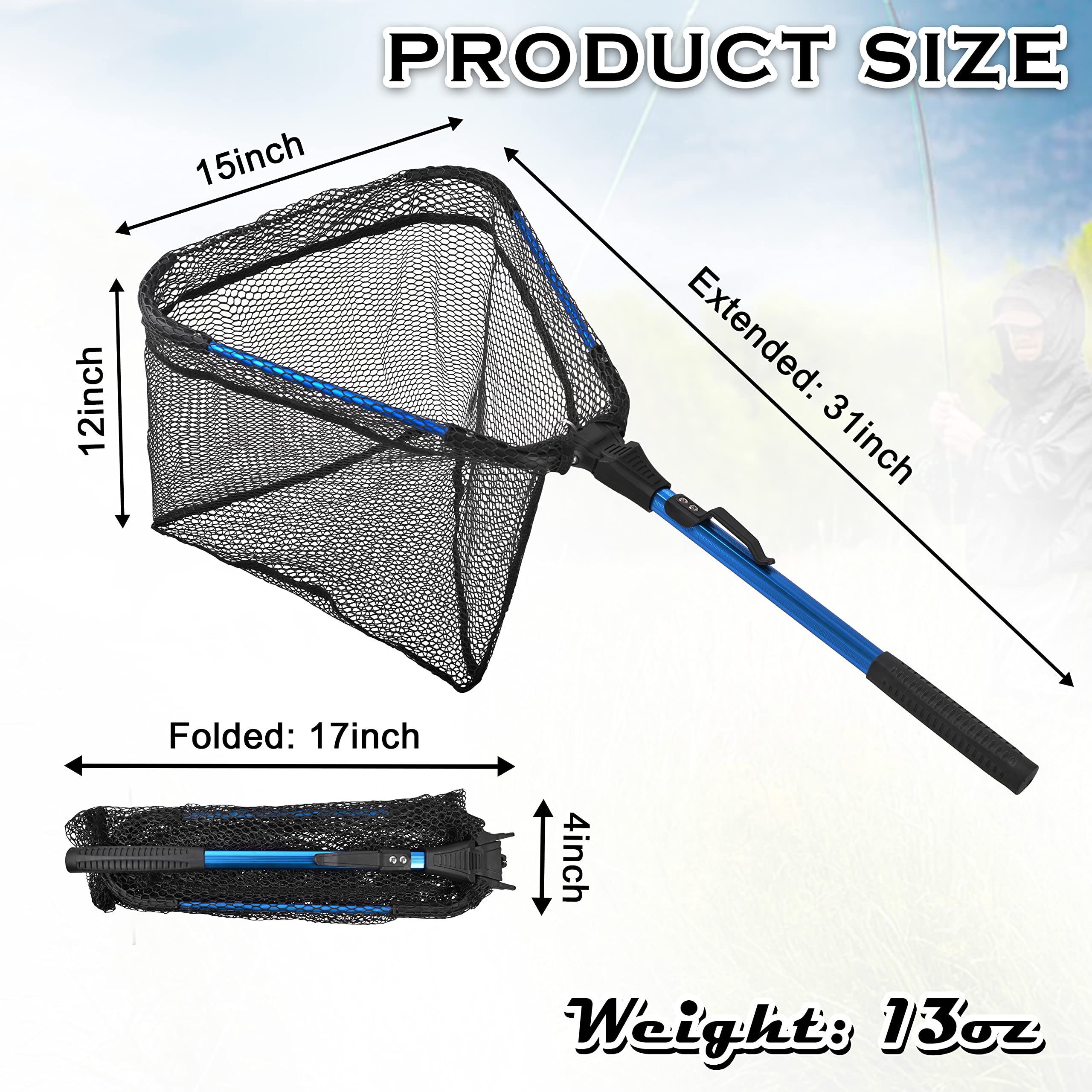 Fishing Landing Net with Telescoping Pole Long Handle Foldable Collapsible Rubber Floating Fishing Net Telescopic Extendable Fishing Net for Kayak Saltwater Freshwater Fishing (Blue, Single)