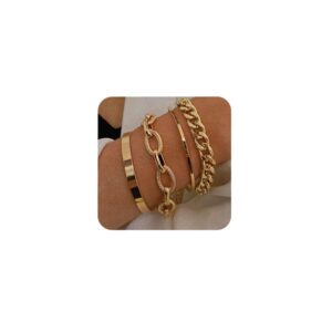 octwine boho stackable bracelet set gold chunky layered link bracelet chain jewelry for women 4pcs cute simple fashion (gold)