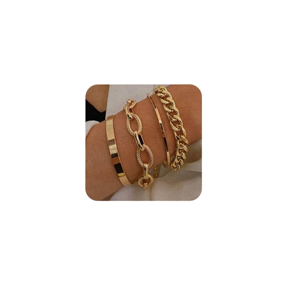 Octwine Boho Stackable Bracelet Set Gold Chunky Layered Link Bracelet Chain Jewelry for Women 4PCS Cute Simple Fashion (Gold)