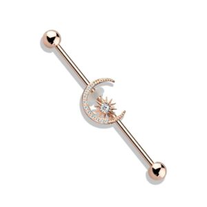 cz paved moon with cz star gold steel industrial barbells 14g 1&1/2" - rose gold