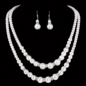 Unicra 1920s Gatsby Pearl Jewelry Set Vintage Crystal Bride Necklace Earrings Set Silver Pearl Multilayer Bridal Necklace Jewelry Accessories for Women and Brides