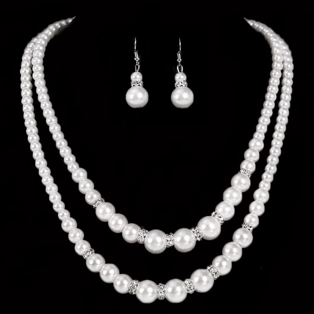 Unicra 1920s Gatsby Pearl Jewelry Set Vintage Crystal Bride Necklace Earrings Set Silver Pearl Multilayer Bridal Necklace Jewelry Accessories for Women and Brides