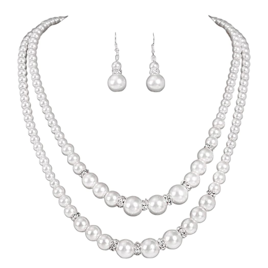 Unicra 1920s Gatsby Pearl Jewelry Set Vintage Crystal Bride Necklace Earrings Set Silver Pearl Multilayer Bridal Necklace Jewelry Accessories for Women and Brides