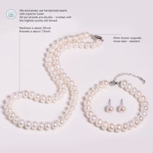 AOOVOO Genuine Freshwater Cultured Pearl Necklace for Women Girls, 9-10mm White Pearl Necklace and Earrings Set 3Pcs in AAA Quality, Mothers Day Birthday Valentine's Day Gifts, Luxury Box