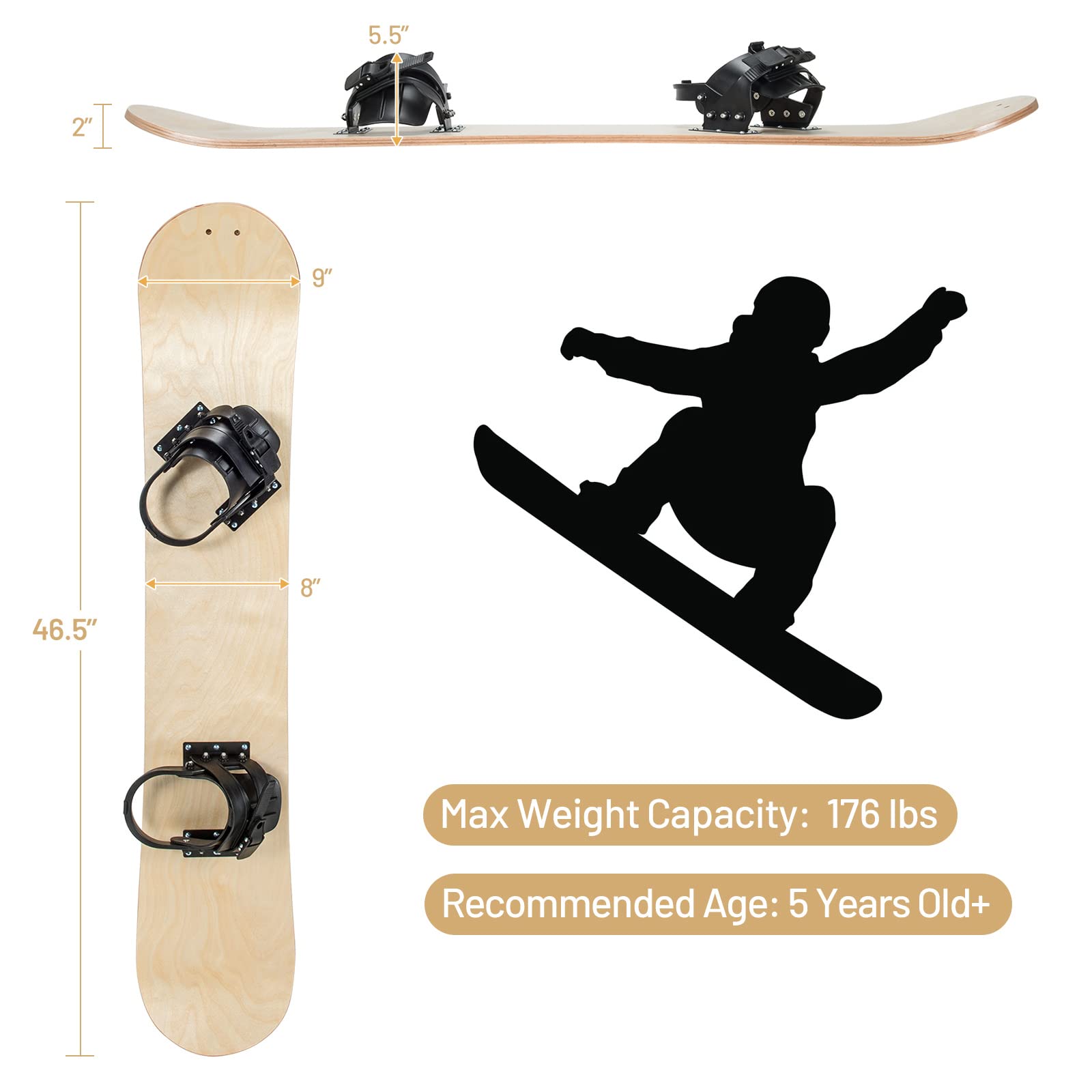 Goplus Wood Snowboard, Sledding Board W/ Adjustable Step-in Bindings, Contoured Foot Deck, ASTM Approved Skiing Board Winter Sports Ideal for Beginners, Kids & Teens Age 5+