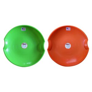 paricon flexible flyer round flying saucer disc racer polyethylene snow sled toboggan, for ages 4 & up, 26" diameter, green/orange (2 pack)