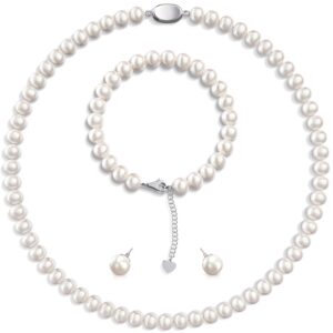 aoovoo genuine freshwater cultured pearl necklace for women girls, 9-10mm white pearl necklace and earrings set 3pcs in aaa quality, mothers day birthday valentine's day gifts, luxury box