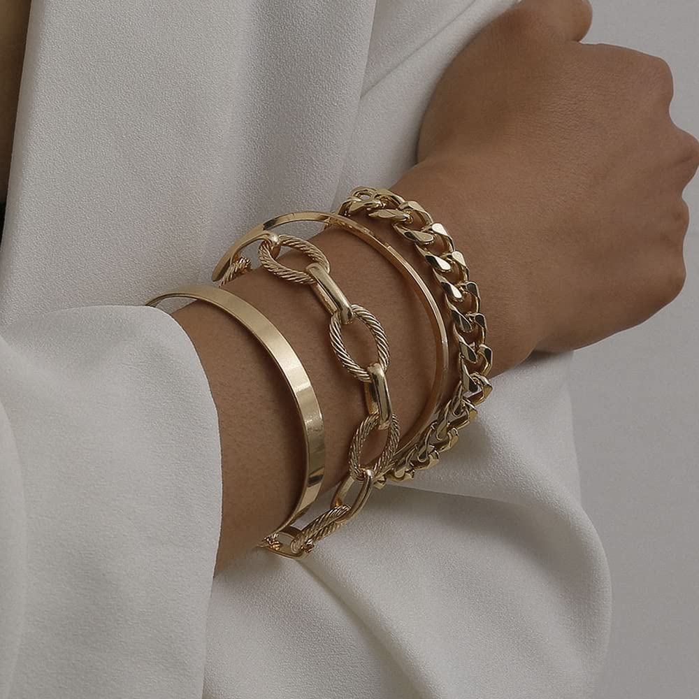 Octwine Boho Stackable Bracelet Set Gold Chunky Layered Link Bracelet Chain Jewelry for Women 4PCS Cute Simple Fashion (Gold)