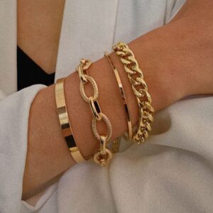 Octwine Boho Stackable Bracelet Set Gold Chunky Layered Link Bracelet Chain Jewelry for Women 4PCS Cute Simple Fashion (Gold)