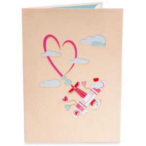 Paper Love 3D Pop Up Card, I Love You Biplane, For Valentines Day, Mothers Day, Birthday, All Occasions, Adult or Kids - 5" x 7" Cover - Includes Envelope and Note Tag