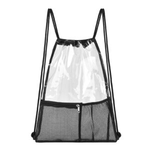 Clear Drawstring Bag Large PVC Drawstring Backpack with Bottle Holder and Front Zipper Mesh Pocket for Sporting Beach Swimming (Black)