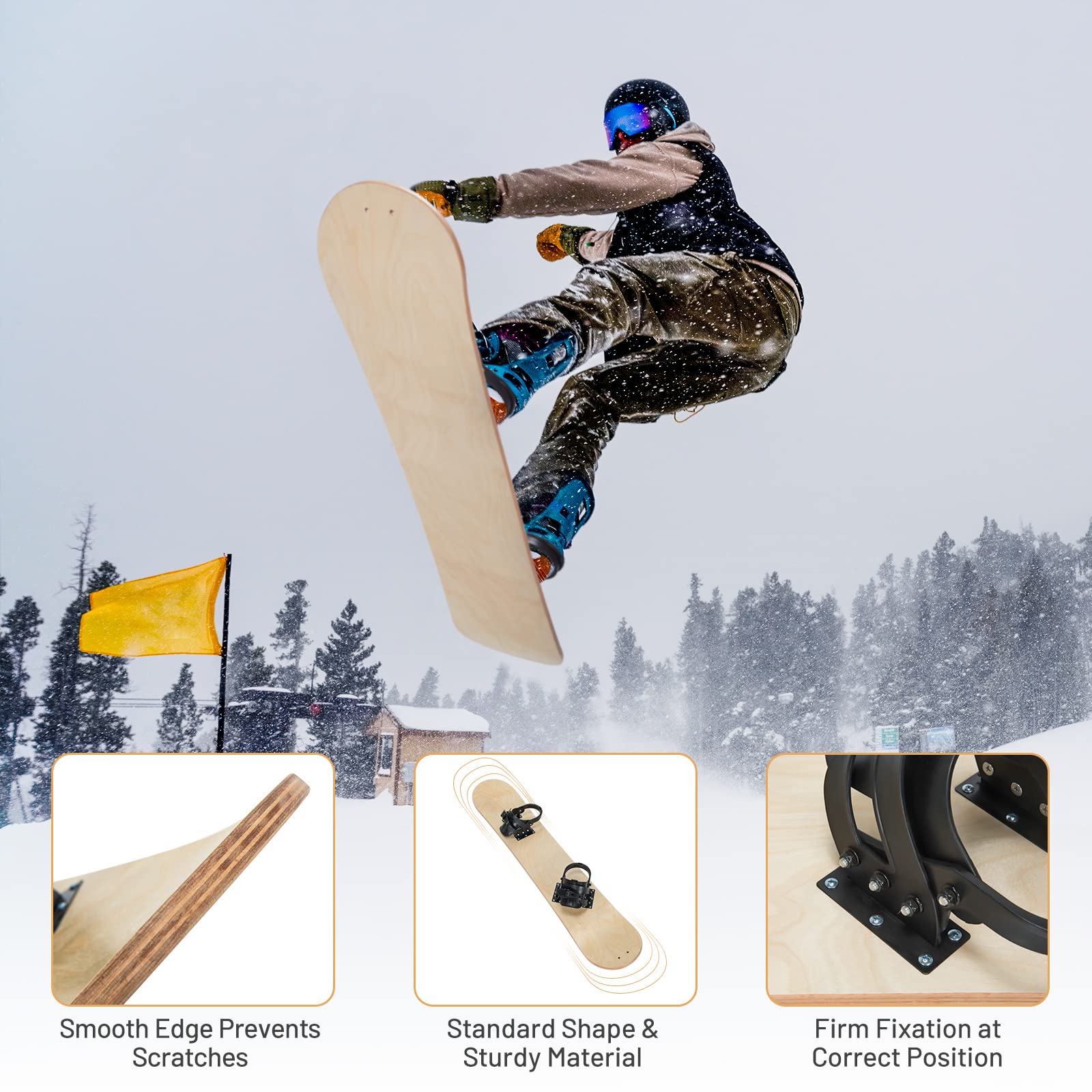 Goplus Wood Snowboard, Sledding Board W/ Adjustable Step-in Bindings, Contoured Foot Deck, ASTM Approved Skiing Board Winter Sports Ideal for Beginners, Kids & Teens Age 5+