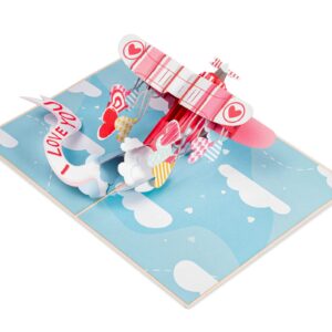 Paper Love 3D Pop Up Card, I Love You Biplane, For Valentines Day, Mothers Day, Birthday, All Occasions, Adult or Kids - 5" x 7" Cover - Includes Envelope and Note Tag