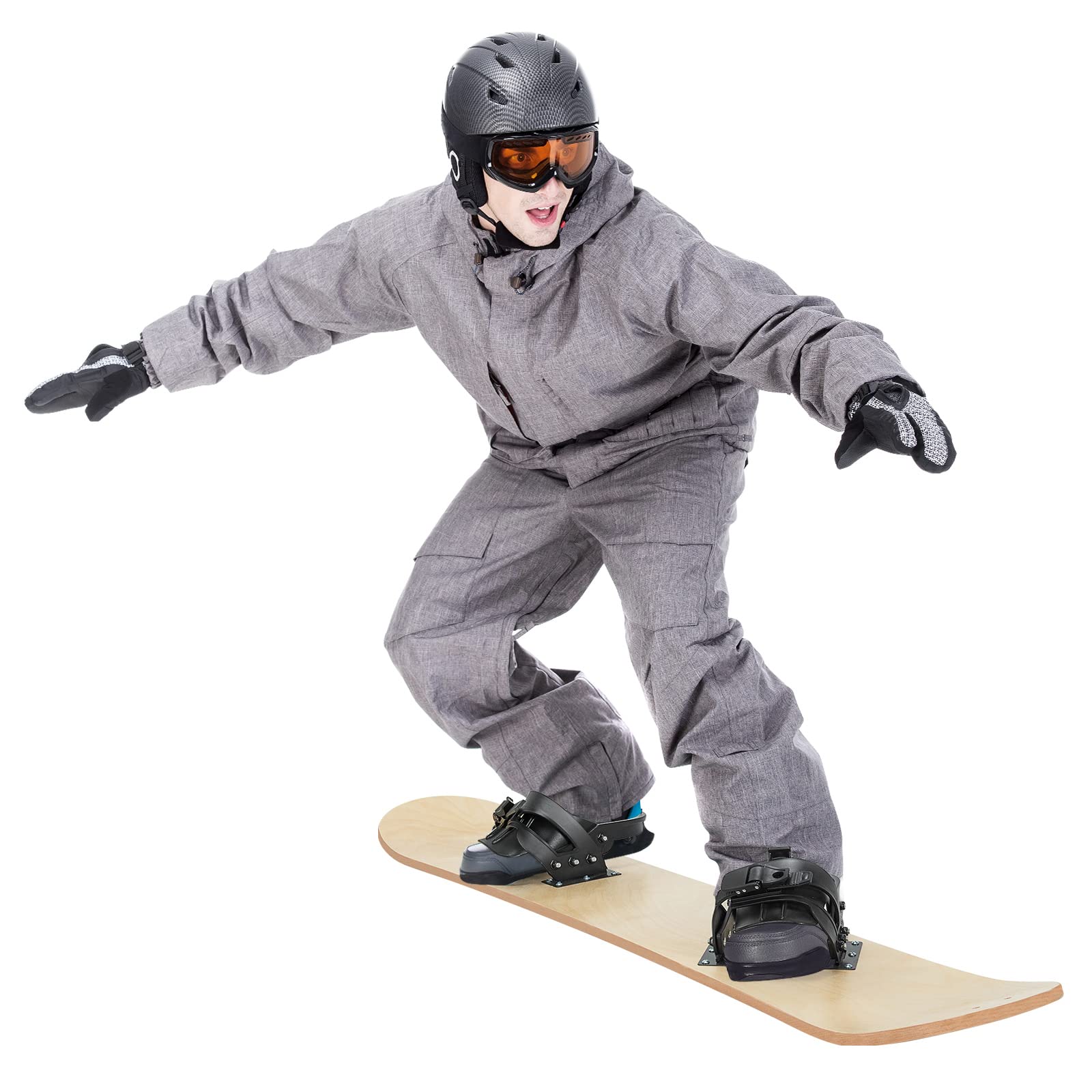 Goplus Wood Snowboard, Sledding Board W/ Adjustable Step-in Bindings, Contoured Foot Deck, ASTM Approved Skiing Board Winter Sports Ideal for Beginners, Kids & Teens Age 5+