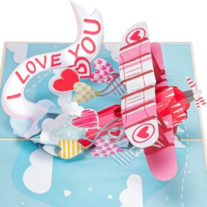 paper love 3d pop up card, i love you biplane, for valentines day, mothers day, birthday, all occasions, adult or kids - 5" x 7" cover - includes envelope and note tag