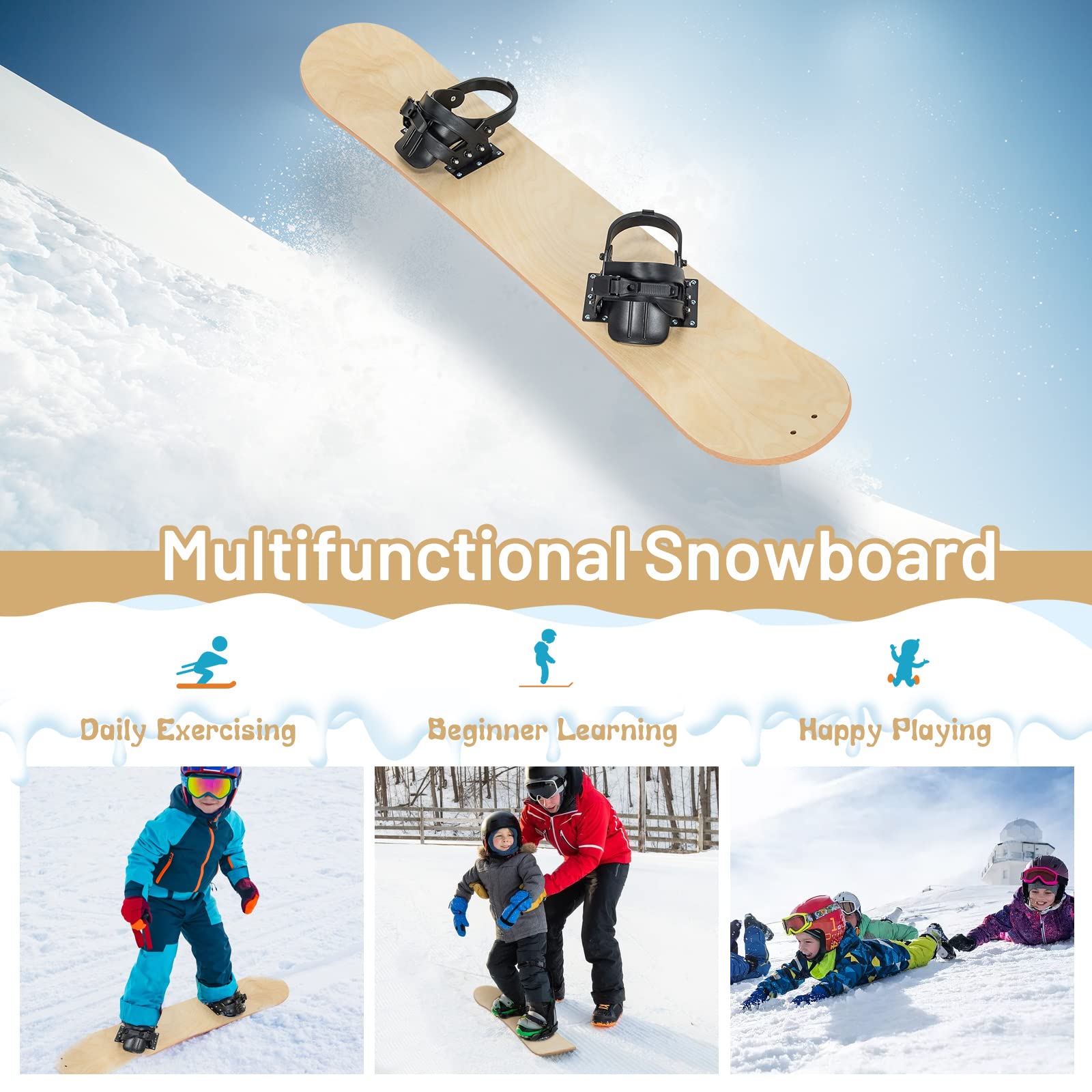 Goplus Wood Snowboard, Sledding Board W/ Adjustable Step-in Bindings, Contoured Foot Deck, ASTM Approved Skiing Board Winter Sports Ideal for Beginners, Kids & Teens Age 5+