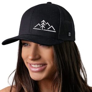 HAKA Mountain & Pine Tree (Modern) Embroidered Trucker Hat, Outdoor Hat for Men & Women, Adjustable Baseball Cap, Mesh Snapback, Golf Hat (Black)