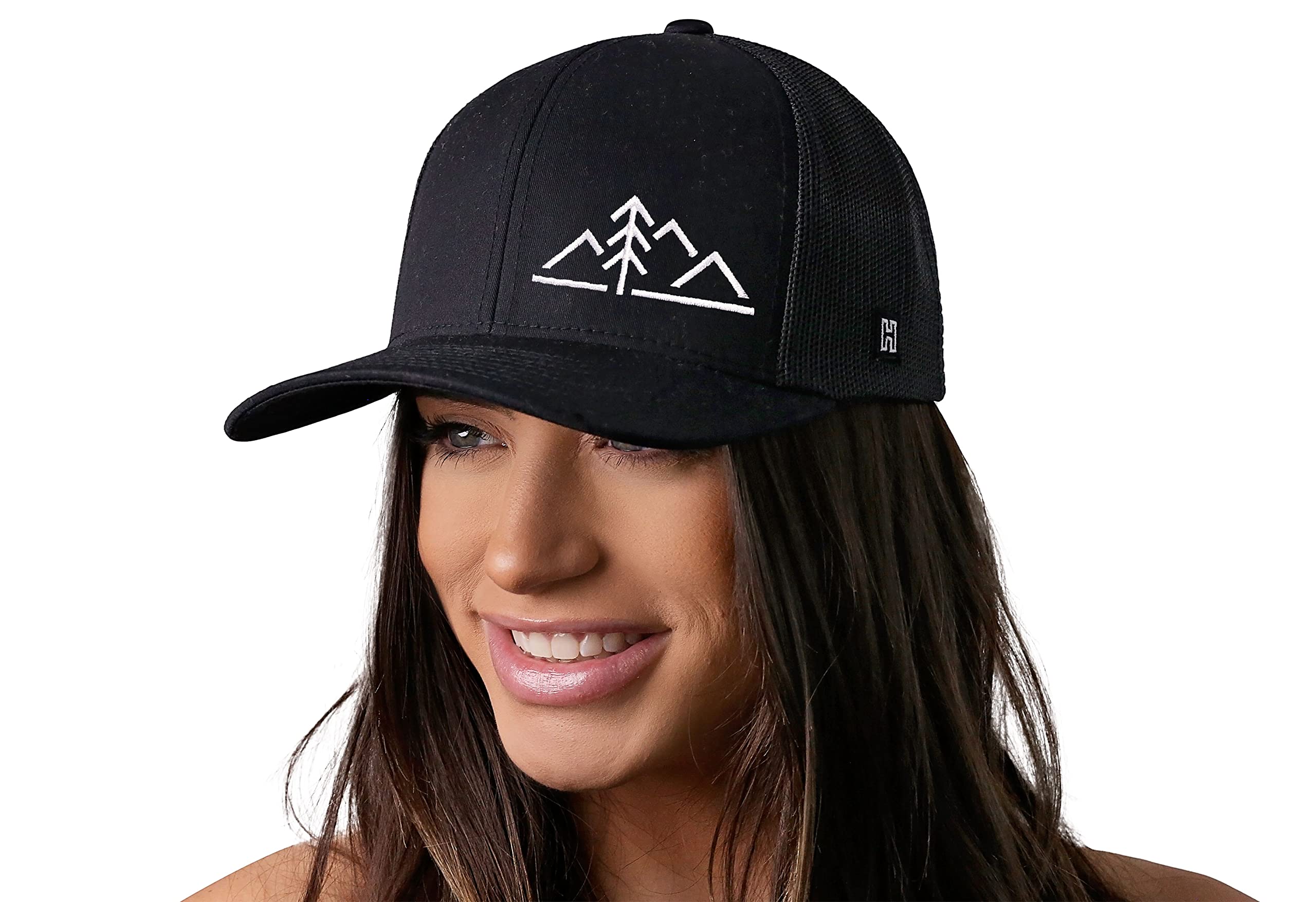 HAKA Mountain & Pine Tree (Modern) Embroidered Trucker Hat, Outdoor Hat for Men & Women, Adjustable Baseball Cap, Mesh Snapback, Golf Hat (Black)