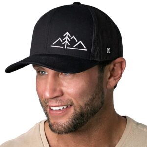 HAKA Mountain & Pine Tree (Modern) Embroidered Trucker Hat, Outdoor Hat for Men & Women, Adjustable Baseball Cap, Mesh Snapback, Golf Hat (Black)