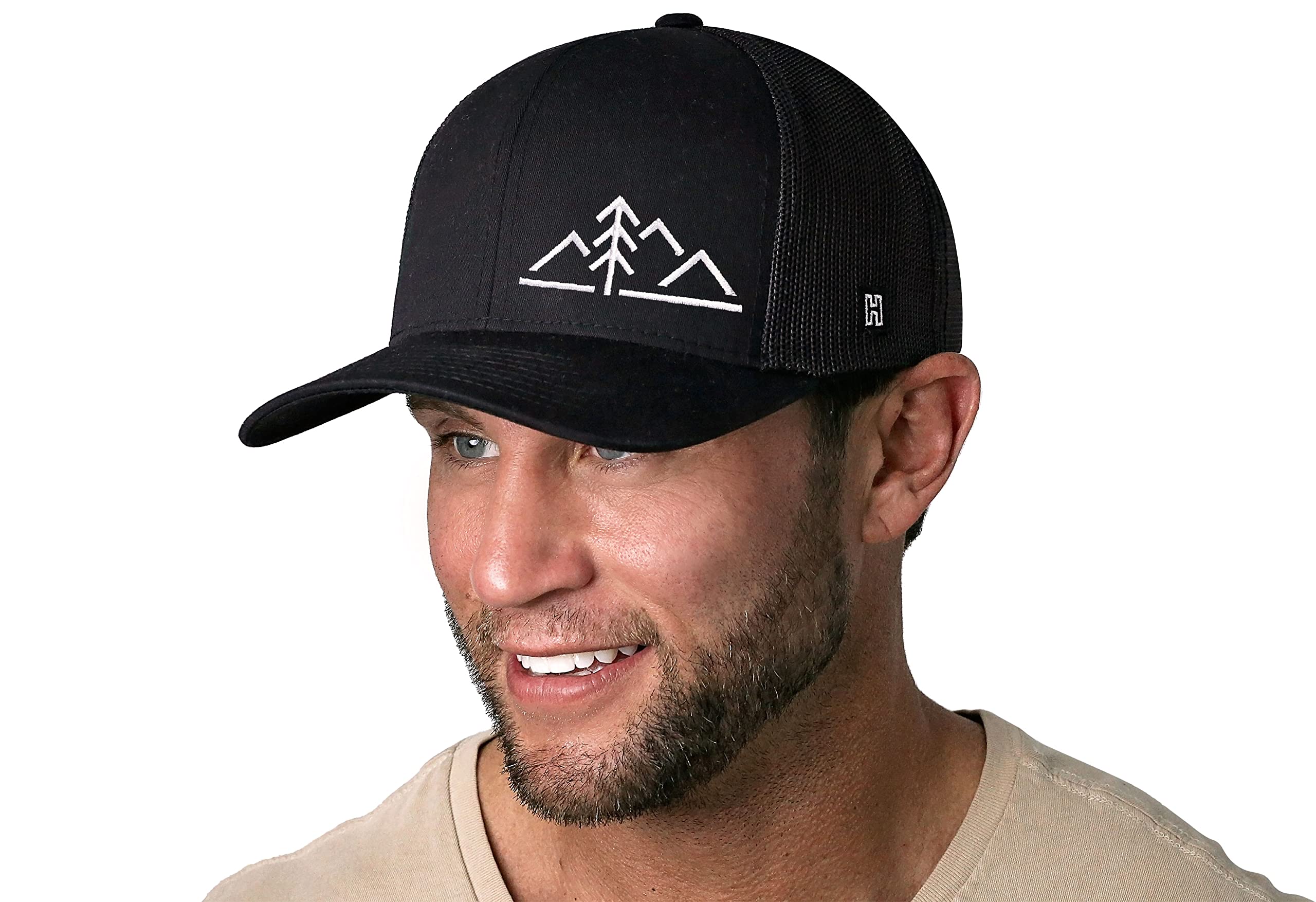 HAKA Mountain & Pine Tree (Modern) Embroidered Trucker Hat, Outdoor Hat for Men & Women, Adjustable Baseball Cap, Mesh Snapback, Golf Hat (Black)