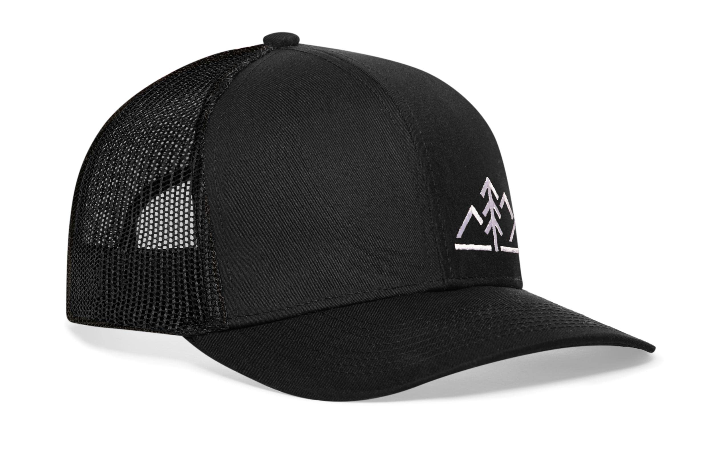 HAKA Mountain & Pine Tree (Modern) Embroidered Trucker Hat, Outdoor Hat for Men & Women, Adjustable Baseball Cap, Mesh Snapback, Golf Hat (Black)