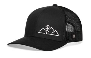 haka mountain & pine tree (modern) embroidered trucker hat, outdoor hat for men & women, adjustable baseball cap, mesh snapback, golf hat (black)