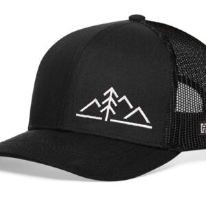 HAKA Mountain & Pine Tree (Modern) Embroidered Trucker Hat, Outdoor Hat for Men & Women, Adjustable Baseball Cap, Mesh Snapback, Golf Hat (Black)