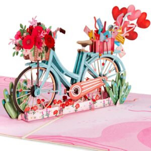 paper love 3d bicycle pop up card, love bike, for valentines day, mothers day, adults or kids, all occasions - 5" x 7" cover - includes envelope and note tag