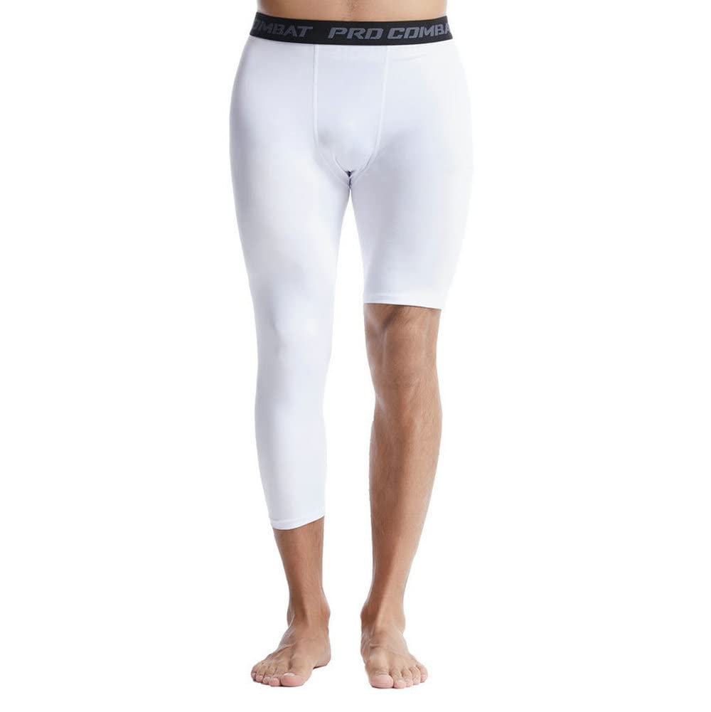 The New Men's Basketball single leg tight sports pants 3/4 One Leg Compression Pants Athletic Base Layer Underwear (Medium, White-1)