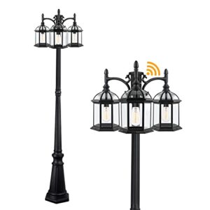 dusk to dawn outdoor lamp post light with 3 led bulbs, triple head aluminum street light post for outside with sensor, waterproof birdcage pole lighting fixture for backyard garden patio driveway