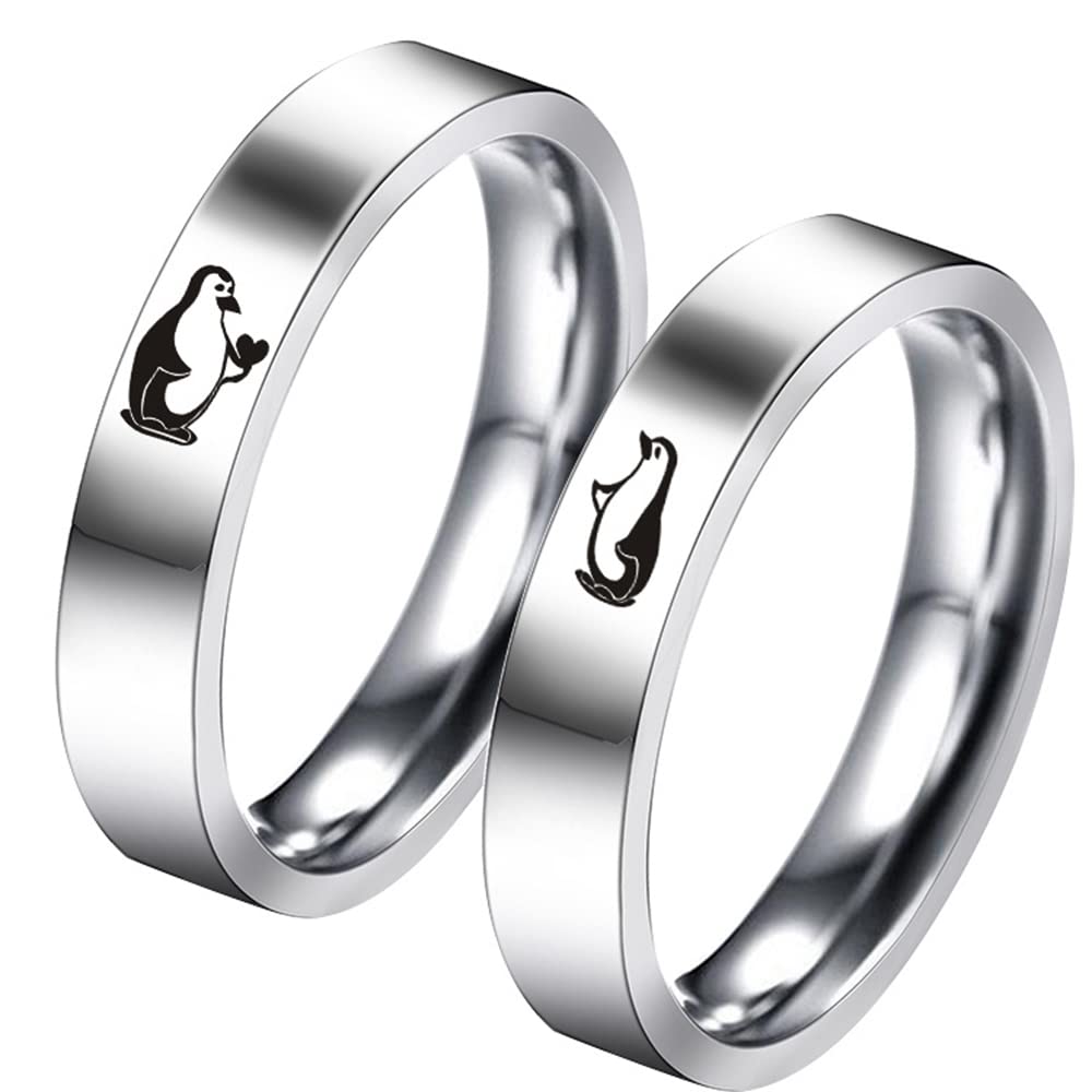 Cute Penguin Statement Engagement Rings for Him and Her Stainless Steel Love Heart Couple Matching Rings Promise Wedding Bands Anniversary Ring Fashion Jewelry Gifts for Women Men 1 Pc (Women, 7)