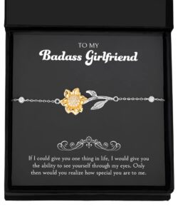 valentine's day presents for girlfriend, bracelet for girlfriend, girlfriend birthday cute gifts, romantic gift ideas for her, to my badass girlfriend 925 sterling silver sunflower bracelet for women