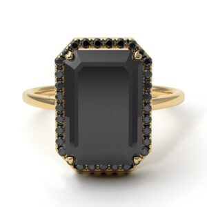 Jewelryonclick 18k Gold Plated Ring Emerald Cut Halo Diamond Jewelry Black Onyx Handcrafted Easy to Wear Ornaments Everyday Rings for Wife US Size : 7