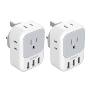 2 pack us to uk plug adapter, tessan ireland scotland type g power adapter, 4 american outlets 3 usb, travel adaptor converter for usa to england london british hong kong irish kenya dubai qatar