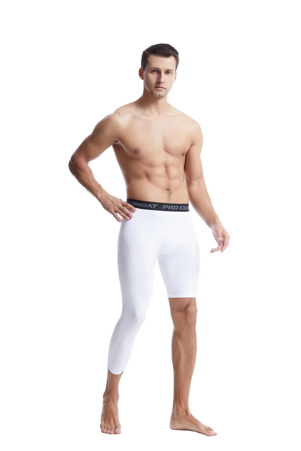 The New Men's Basketball single leg tight sports pants 3/4 One Leg Compression Pants Athletic Base Layer Underwear (Medium, White-1)