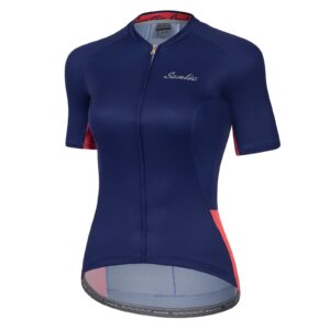 santic women's cycling jersey short sleeve biking shirt full zip tops with 3 pockets breathable quick dry navy