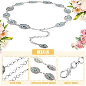 Tarpop Turquoise Belt for Women Western Concho Chain Belt Oval Round Flower Adjustable Metal Belt for Women Dresses(Turquoise,Oval Style)