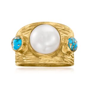 ross-simons 9.5-10.5mm cultured pearl and turquoise ring in 18kt gold over sterling. size 7