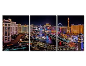 tumovo canvas painting las vegas nevada cityscape wall art home decor for living room prints 3 pieces bellagio casino night view poster pictures stretched framed ready to hang, 12"x16"x3 panels