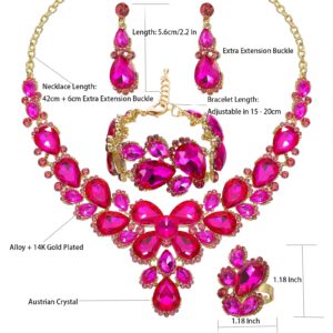 QYJ Women’s Wedding Bridal Austrian Crystal Glass Teardrop Statement Necklace Dangle Earrings Bracelet Ring Wedding Party Jewelry Set for Bridal Bridesmaid (Pink-Gold Plated)