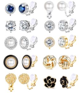 fibo steel 10 pairs clip earrings for women clip on earrings for non pierced cz flower simulated freshwater pearl twist knot clip earrings sets gold silver tone (mix-color)