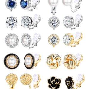 FIBO STEEL 10 Pairs Clip Earrings for Women Clip On Earrings for Non Pierced CZ Flower Simulated Freshwater Pearl Twist Knot Clip Earrings Sets Gold Silver Tone (Mix-color)