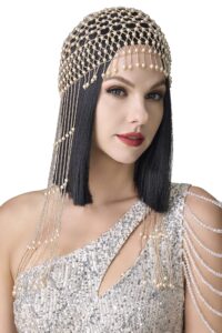 babeyond 1920s pearl flapper cap headpiece roaring 20s gatsby pearl head chain (rose gold)