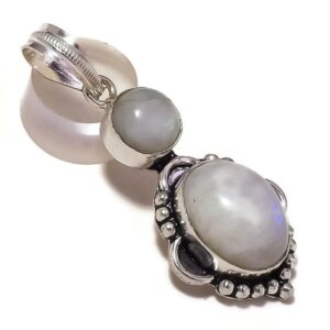 white moonstone cabochon oval and round gemstone silver plated handmade pendant