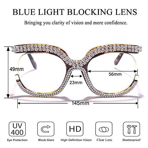 Rmerom Blue Light Blocking Oversized Glasses Stylish Fake Round Eyeglasses for Women UV400 Protection Eyewear GVA9051 (Leopard/Anti-blue/W Diamond)