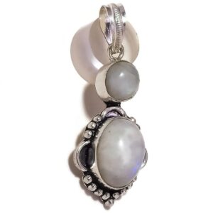 White Moonstone Cabochon Oval and Round Gemstone Silver Plated Handmade Pendant