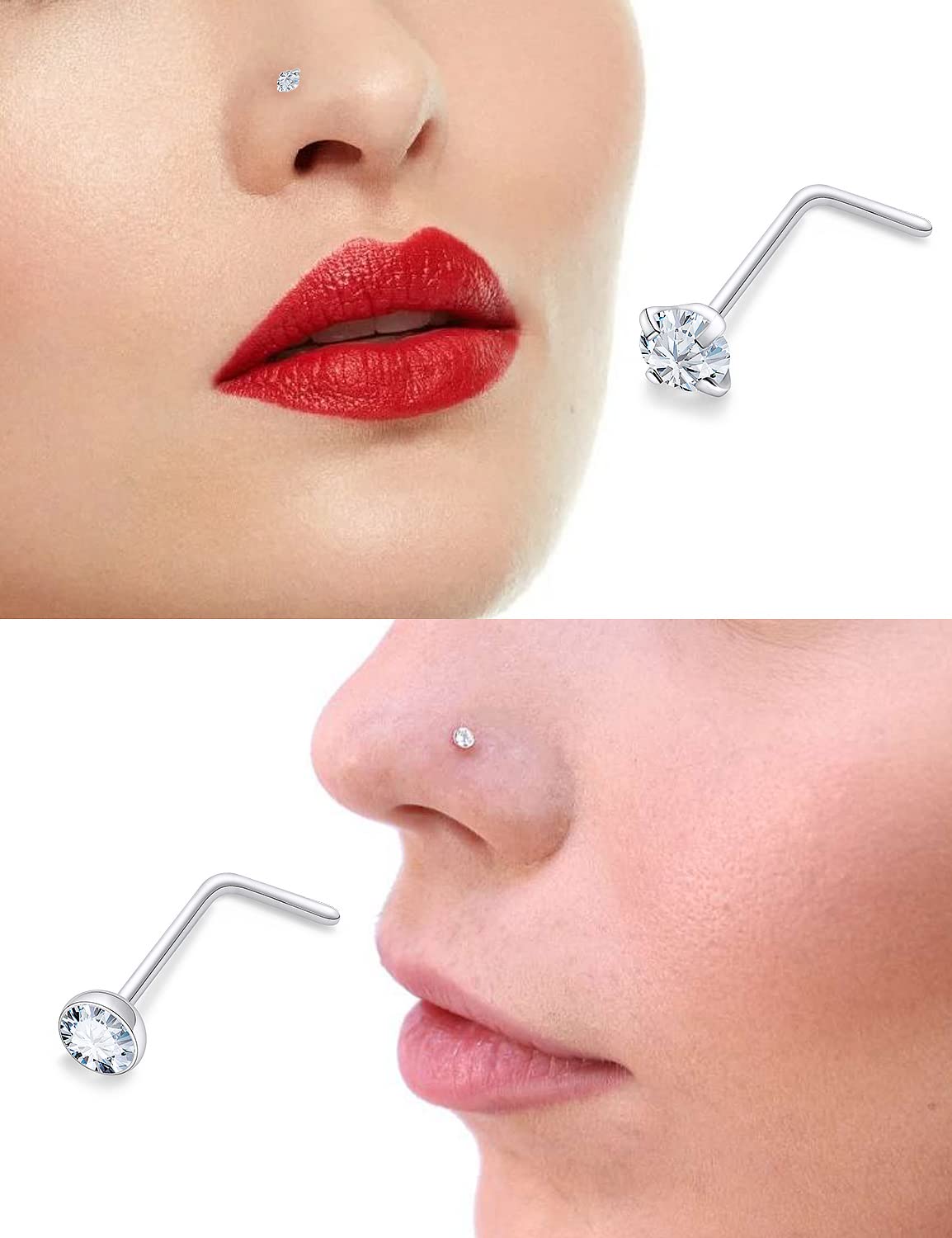 Vsnnsns 20G Nose Rings for Women Men 316L Surgical Stainless Steel L Shaped Nose Studs Screw Bone Nose Rings Piercings 20 Gauge Nostril Piercing Nose Studs Jewelry Diamond CZ 2mm Silver