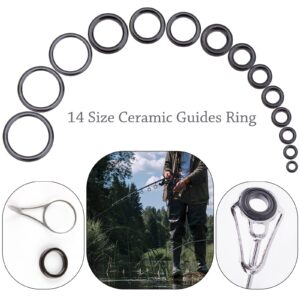 SUPERFINDINGS 60pcs 14 Sizes Rod Ceramic Guides Ring Set Fishing Rod Guide Kit Fishing Rod Eye Replacement Kit with 1pc Stainless Steel Tweezers Fishing Rod Repair Accessories