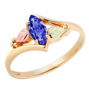 synthetic blue spinel marquise september birthstone bypass ring, 10k yellow gold, 12k green and rose gold black hills gold size 7.25